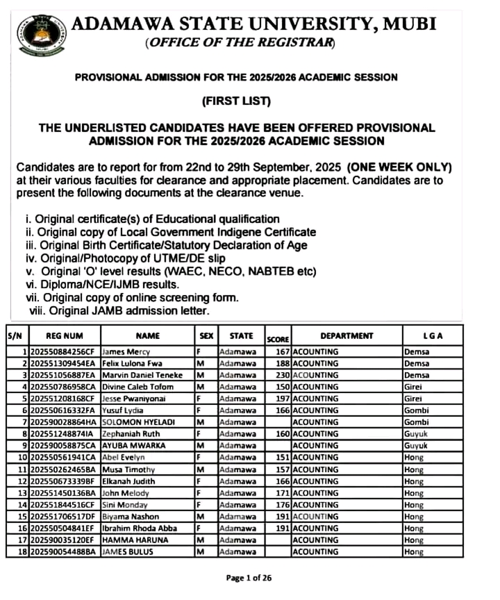 ADAMAWA STATE UNIVERSITY (ADSU) RELEASE FIRST BATCH PROVISIONAL ...