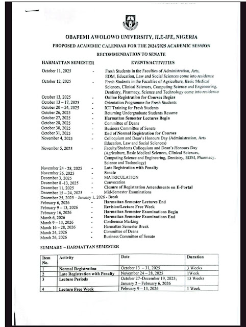 OAU RELEASES PROPOSED ACADEMIC CALENDAR FOR 2024/2025 ACADEMIC SESSION ...