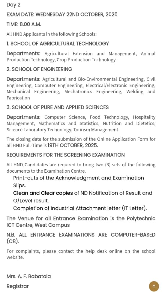 FEDERAL POLYTECHNIC ILARO(FPI) RELEASES SCREENING EXAMINATION DATES FOR ...