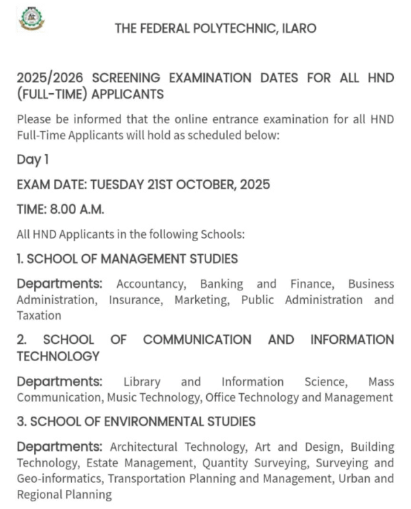 FEDERAL POLYTECHNIC ILARO(FPI) RELEASES SCREENING EXAMINATION DATES FOR ...